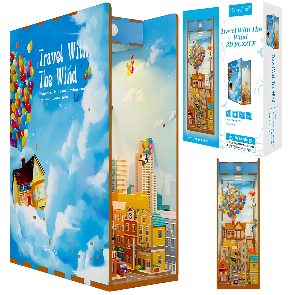 Tonecheer Składany Drewniany Model 3D LED - Book Nook Podróż z Wiatrem ...